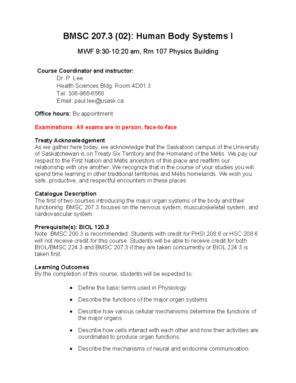 BMSC 207.3 (02): Human Body Systems I Syllabus 2025 - Studocu