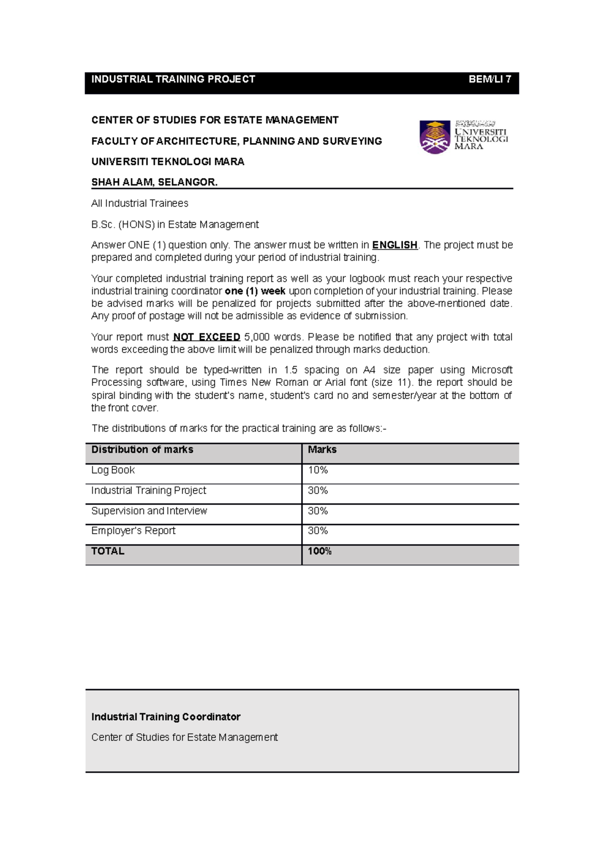 LI Project - Industrial Training Report Guidelines (B.Sc. Estate ...