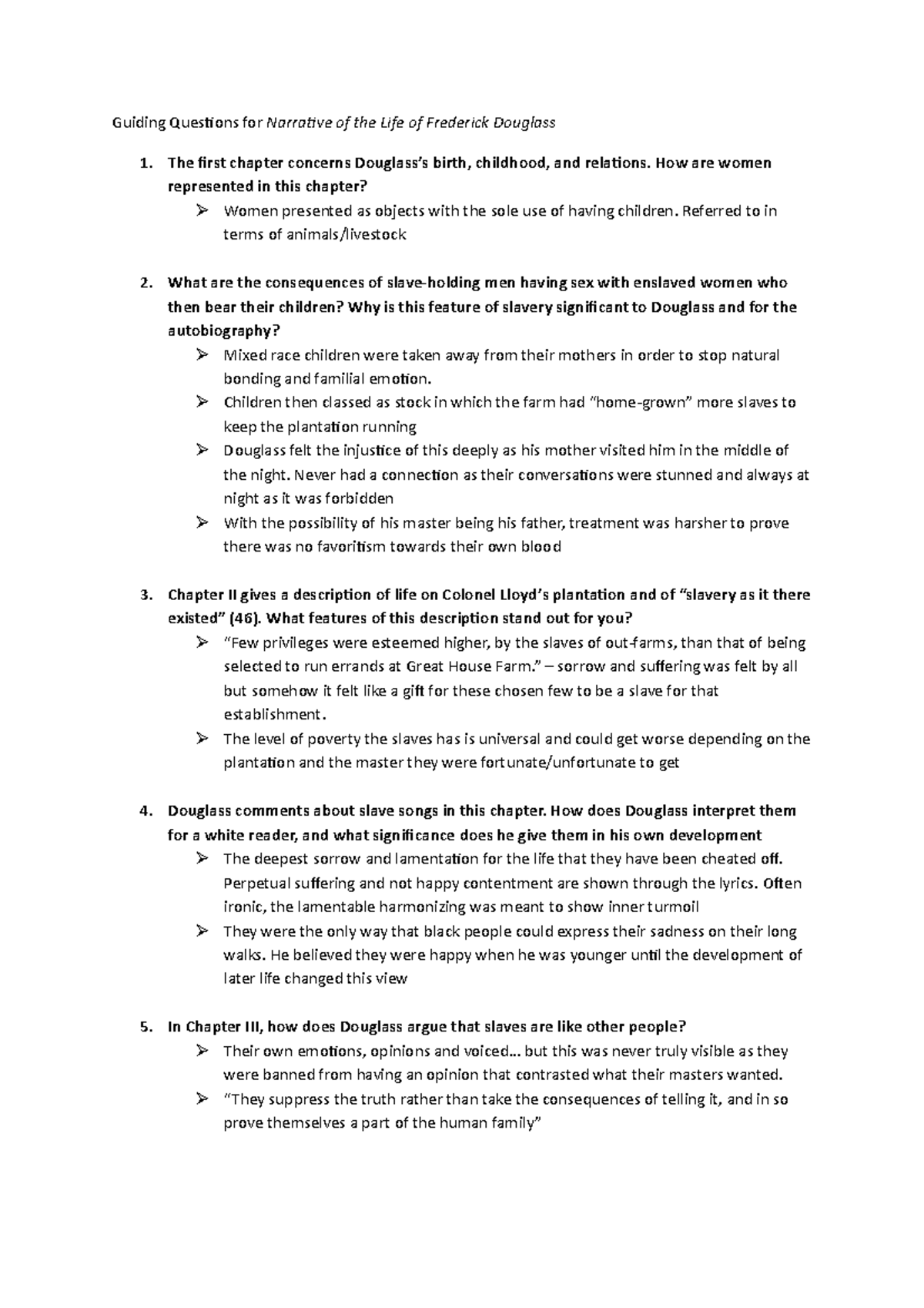 Guiding Questions for Frederick Douglass's Narrative Analysis - Studocu