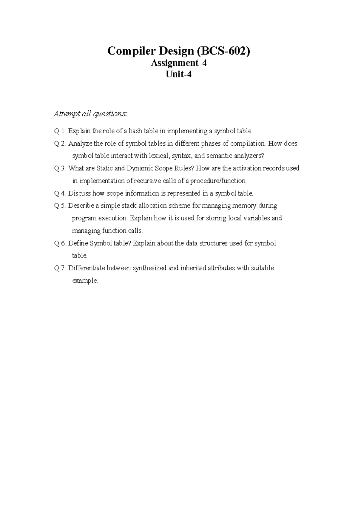 Compiler Design Assignment 4: Symbol Tables & Memory Management - Studocu