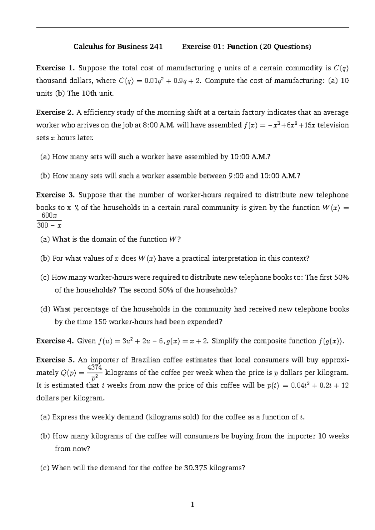 Cal B Exe01: Functions and Cost Analysis (20 Questions) - Studocu