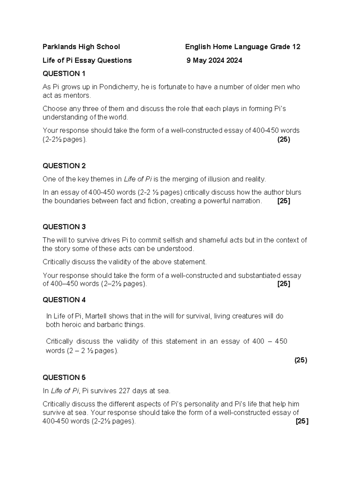 Life of Pi Essay Questions - Grade 12 English HL (May 2024) - Studocu
