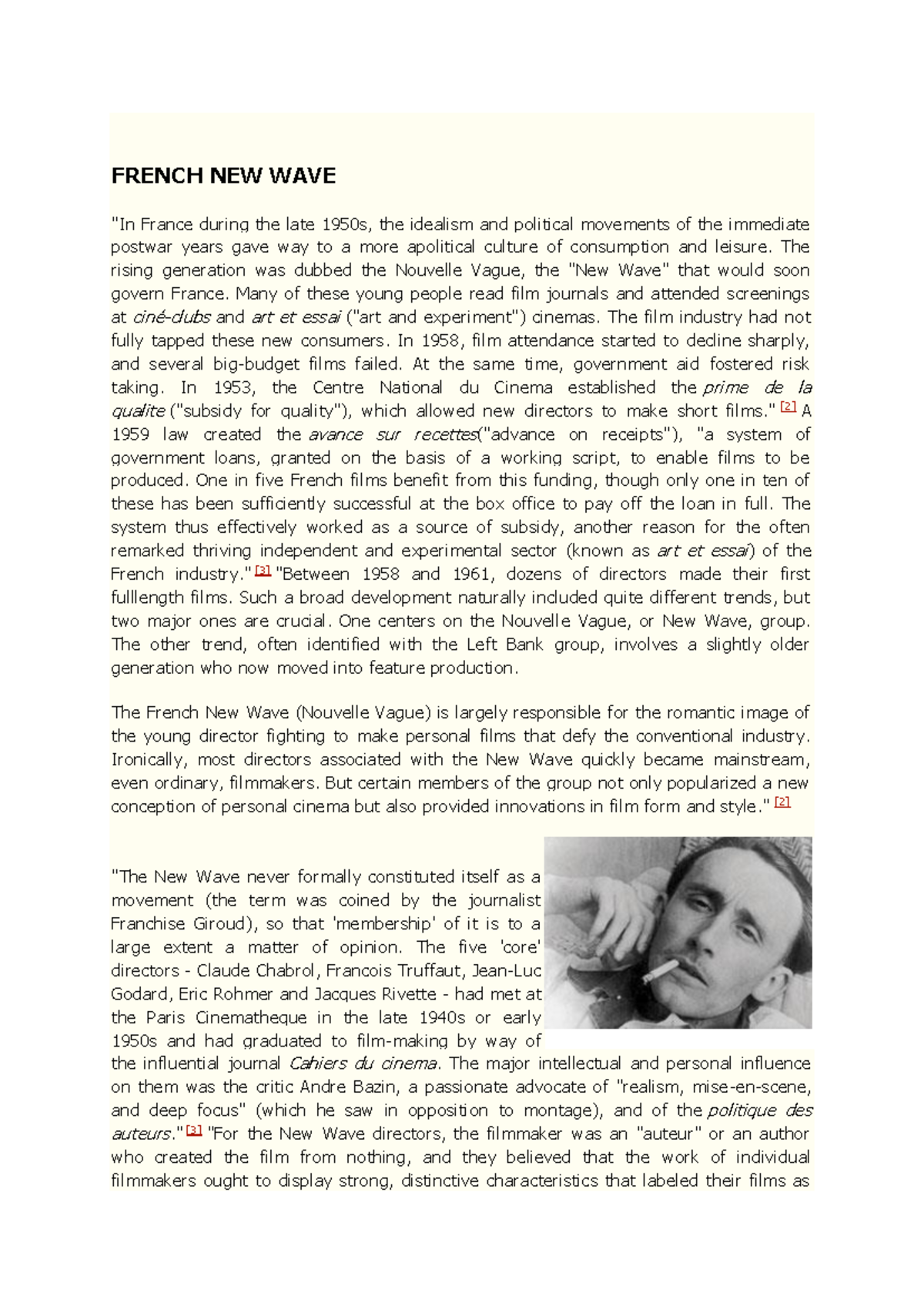 French New Wave: Key Essays and Influential Filmmakers - Studocu