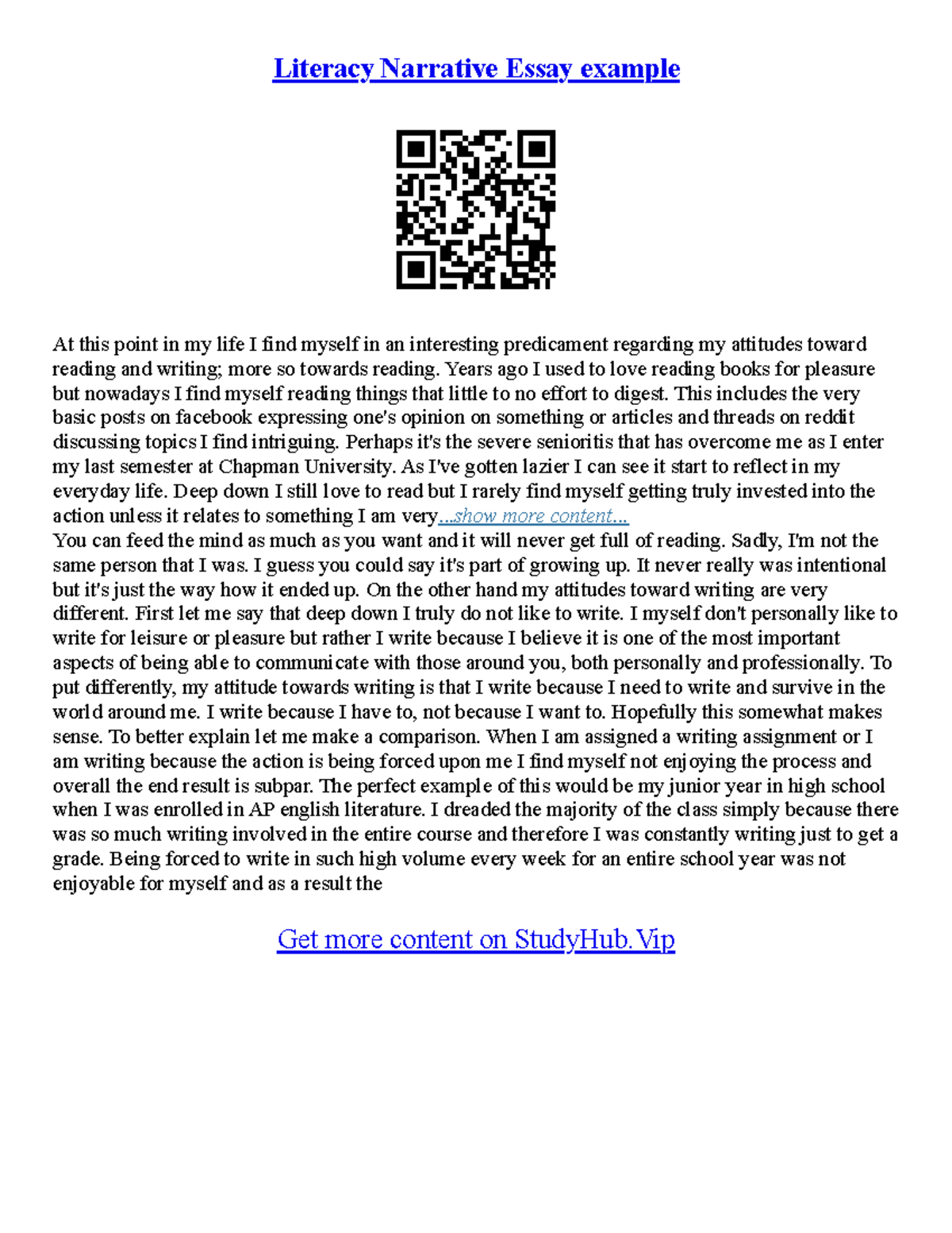 Literacy Narrative Essay Example: Reflections on Reading & Writing ...