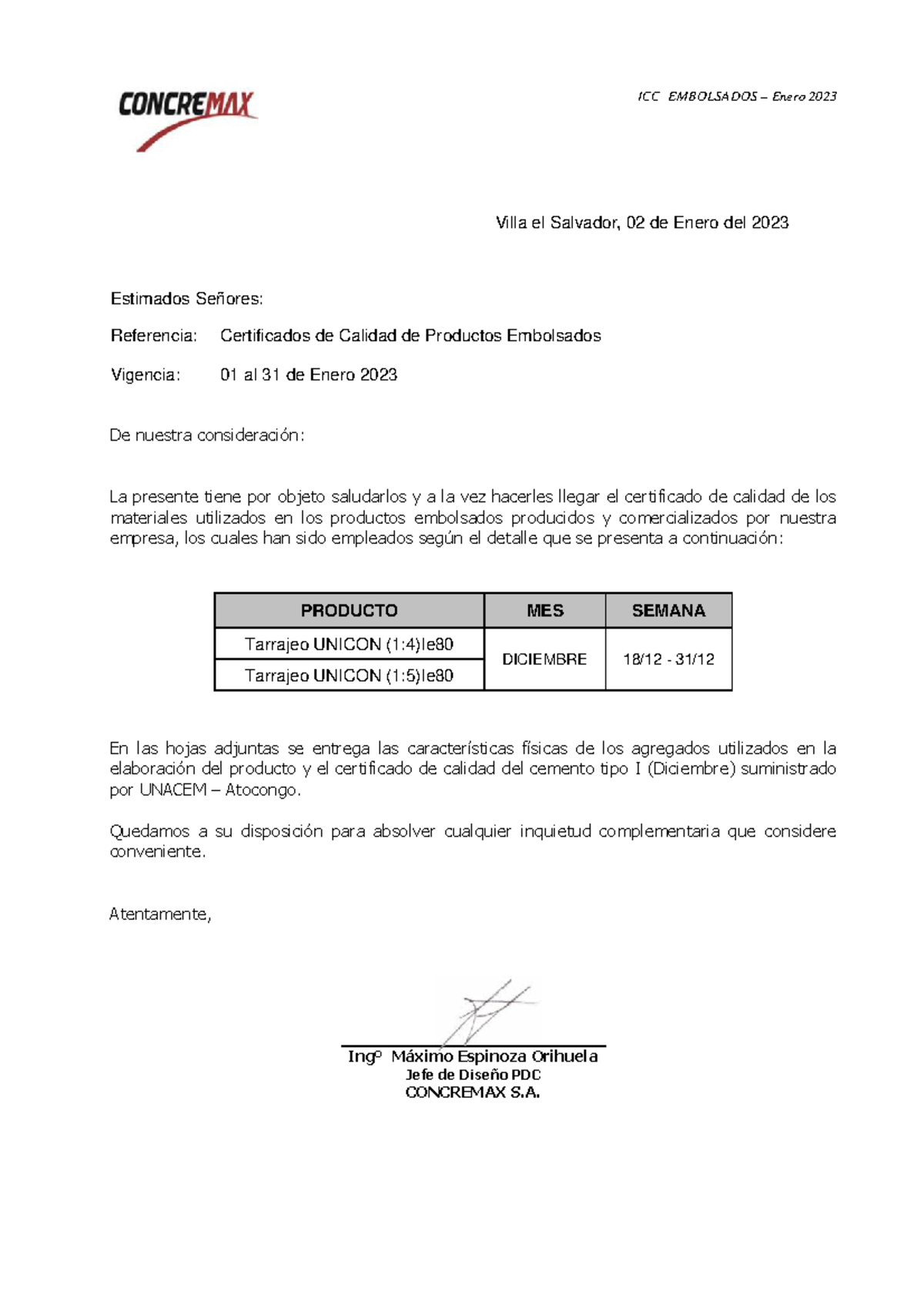 Certificado de Calidad de Productos Embolsados - ICC 2023 - Studocu
