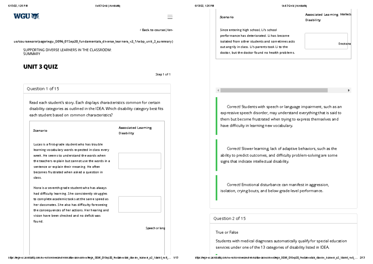 D096 Unit 3 Quiz - Supporting Diverse Learners Study Guide - Studocu