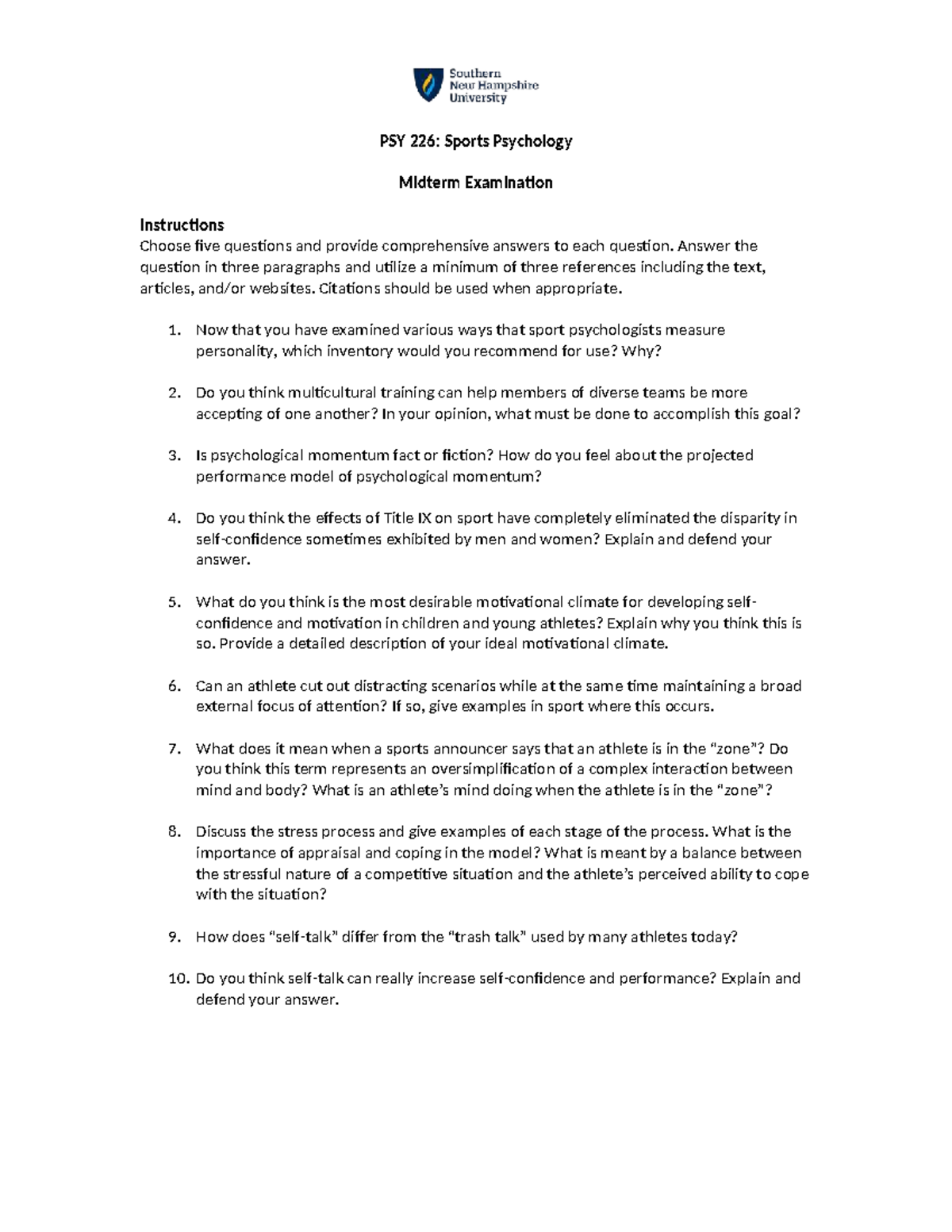 PSY 226: Sports Psychology Midterm Exam Guidelines and Questions - Studocu