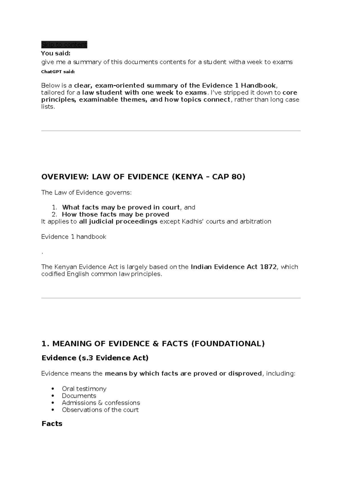 Evidence 1 Handbook Summary for Exam Prep (LAW 101) - Studocu