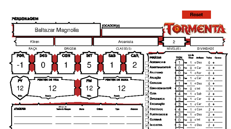 Balthazar Character Sheet - Reset for Class Arcanista - Studocu