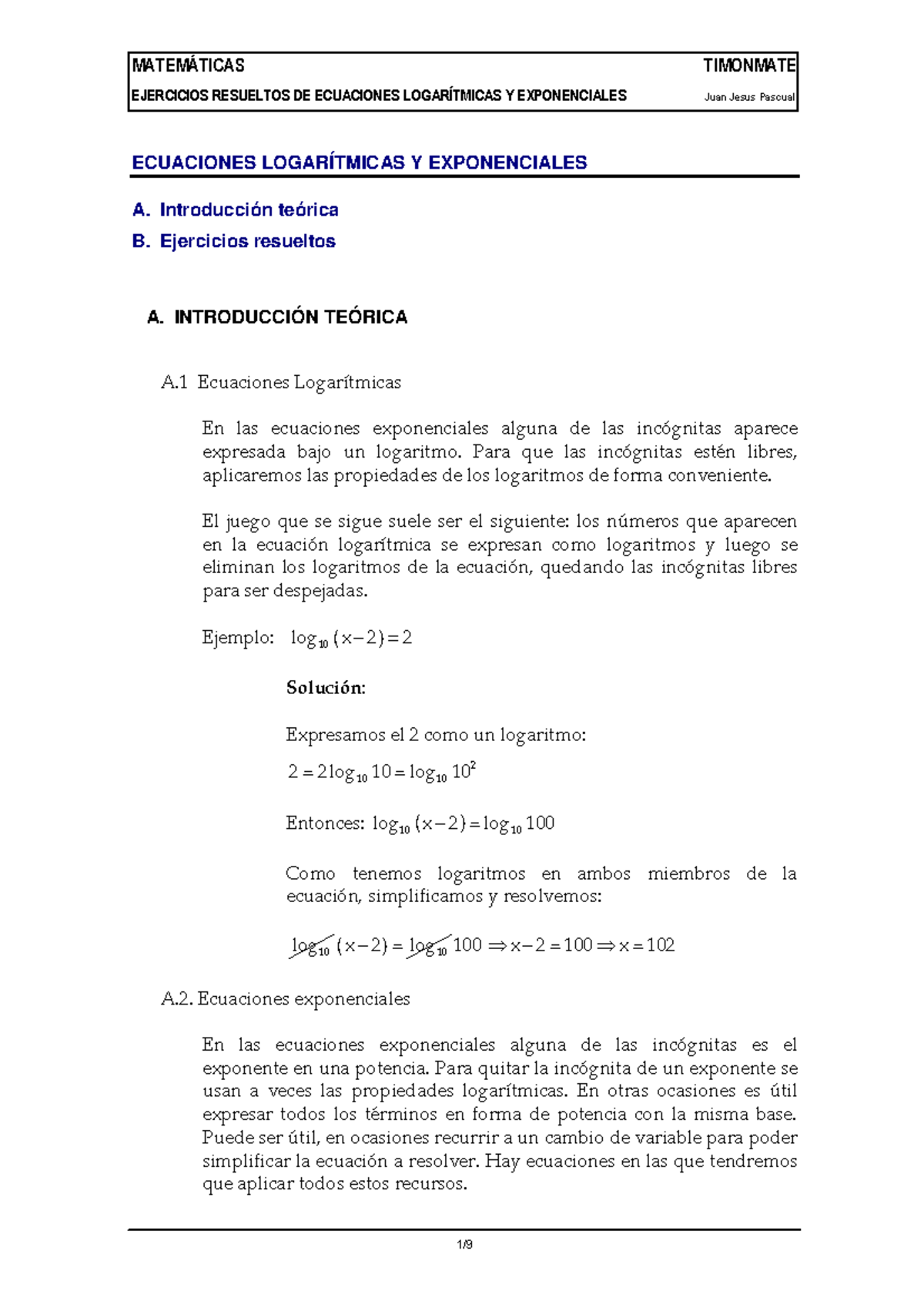 Ejercicios Resueltos de Ecuaciones Logarítmicas y Exponenciales - MATEMÁTICAS TIMONMATE ...