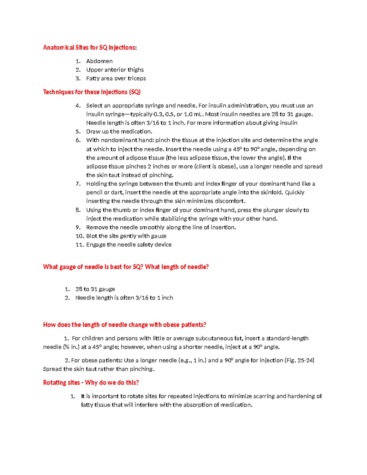 Module 7 PNS 1: Study Guide for SQ Injection Techniques and Sites - Studocu