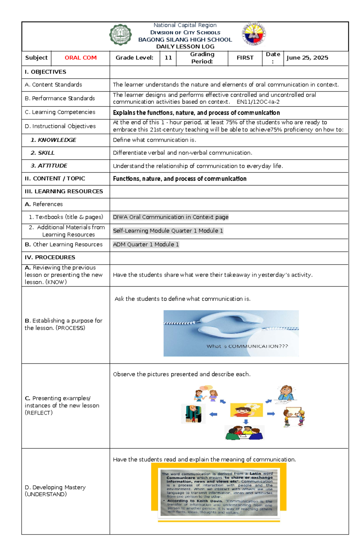Grade 11 Oral Communication Daily Lesson Log - June 25, 2025 - Studocu