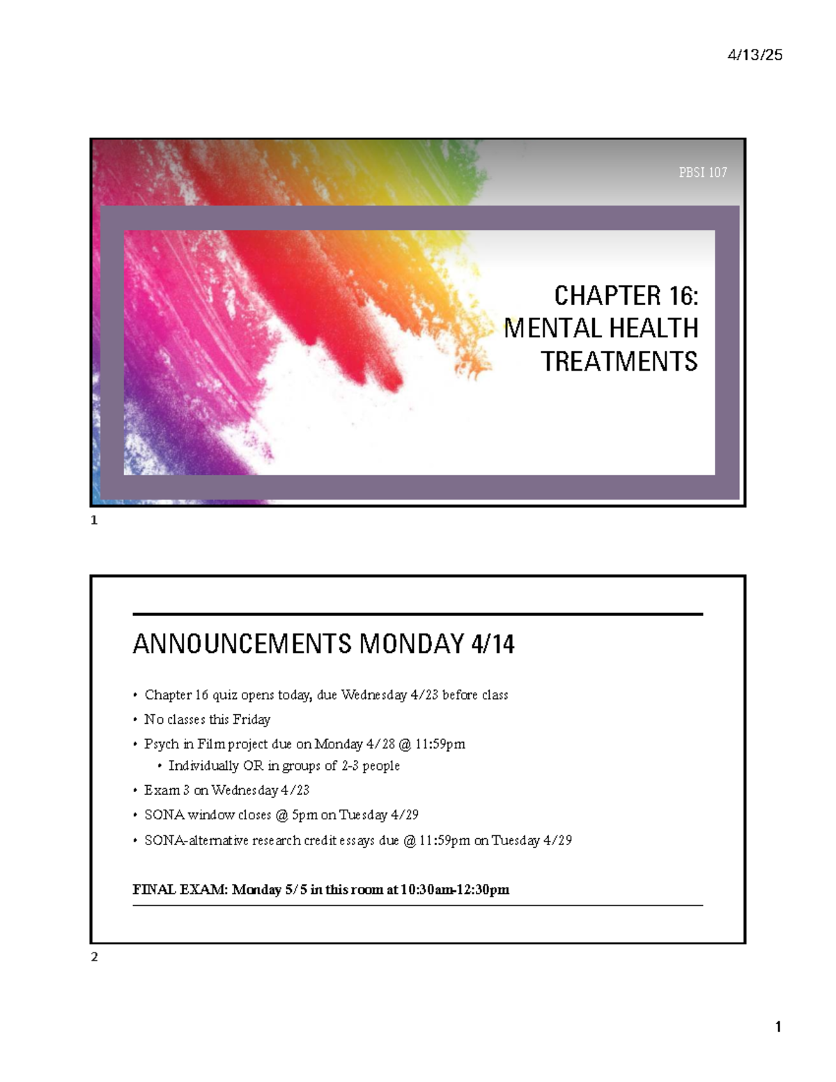 PBSI 107 SP25 Chapter 16: Overview of Mental Health Treatments ...