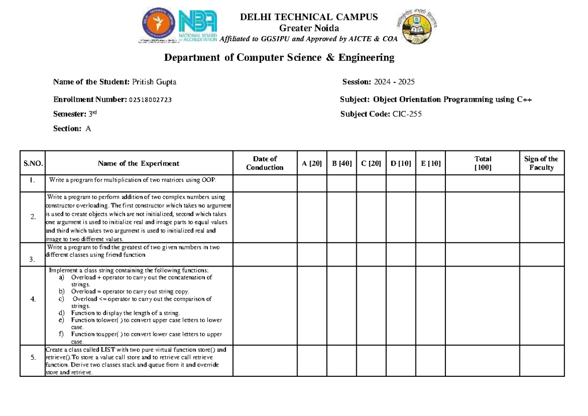 OOP Practical Experiments - CSE 3rd Sem - Pritish Gupta - Studocu