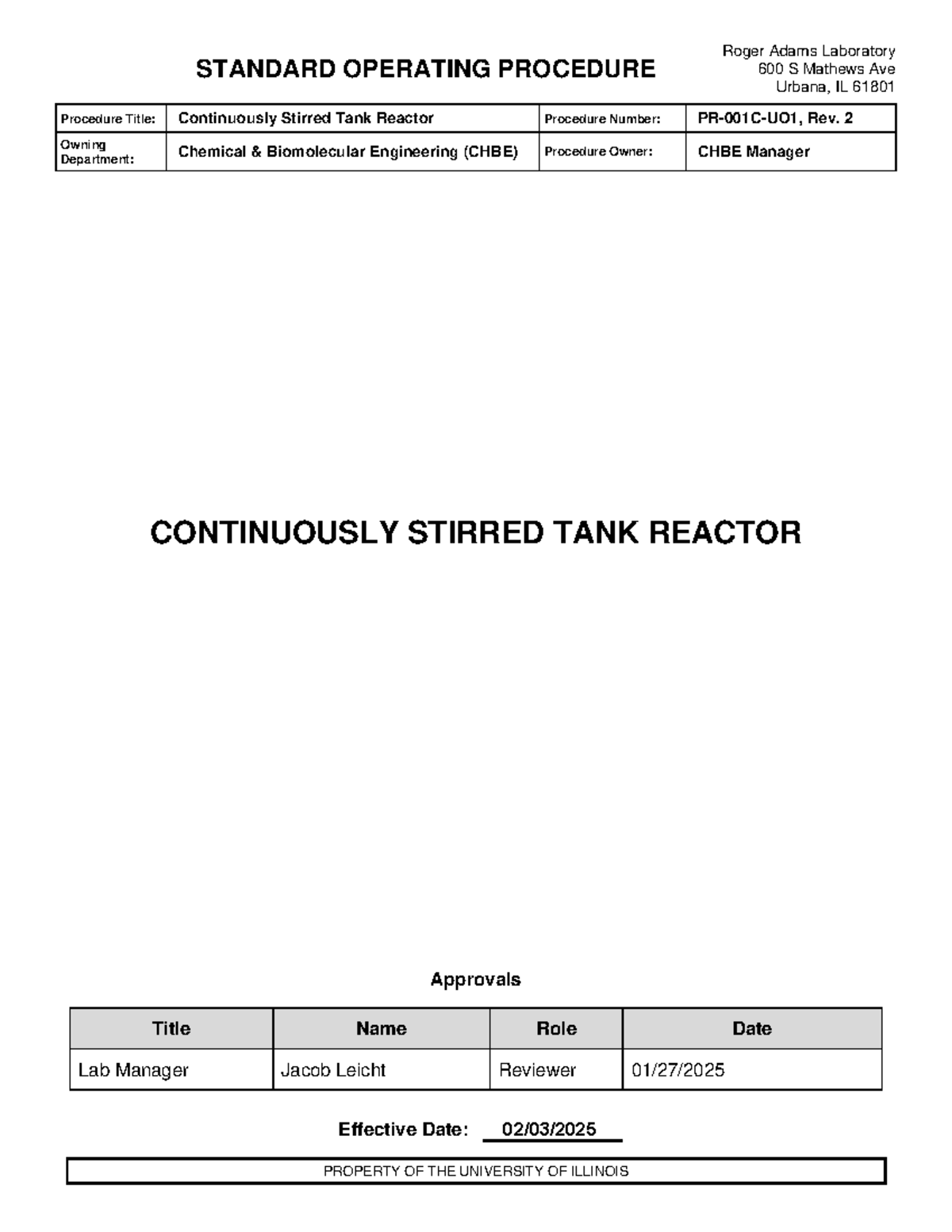 CHBE 430 - SOP for Running the Continuously Stirred Tank Reactor - Studocu