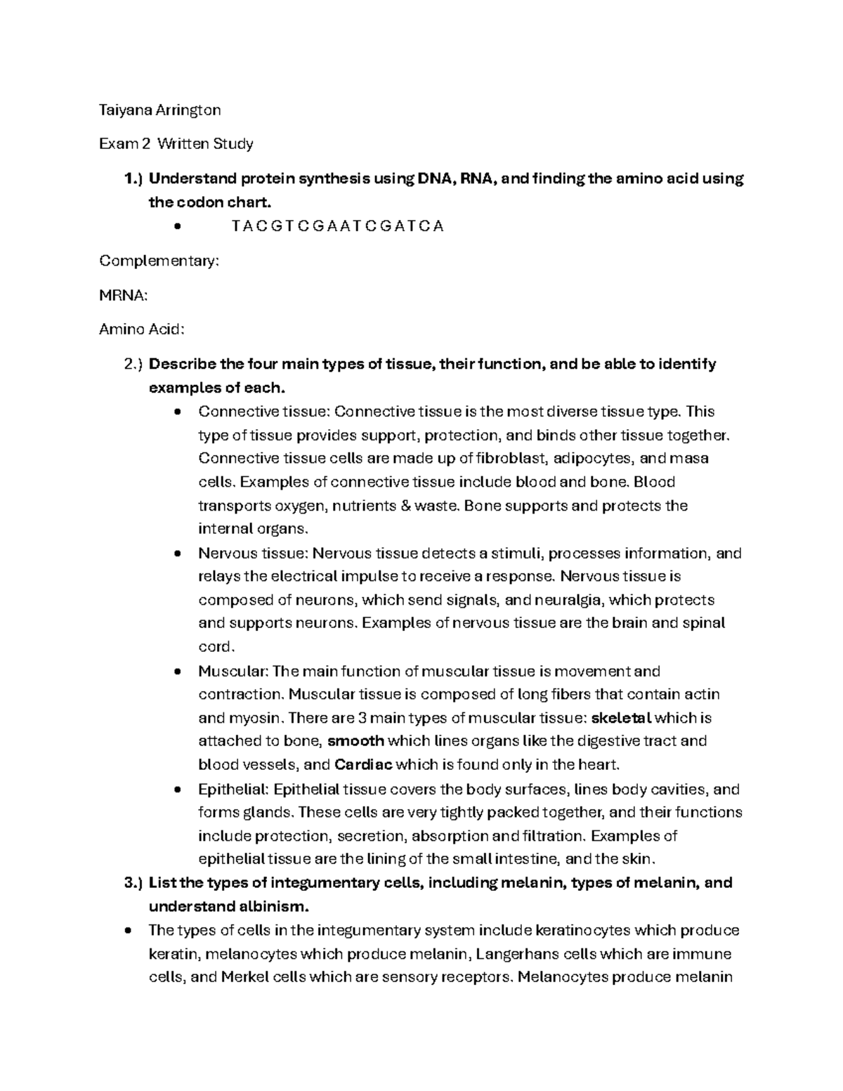 BIOL 101 Exam 2 Written Study: Protein Synthesis & Tissue Types - Studocu