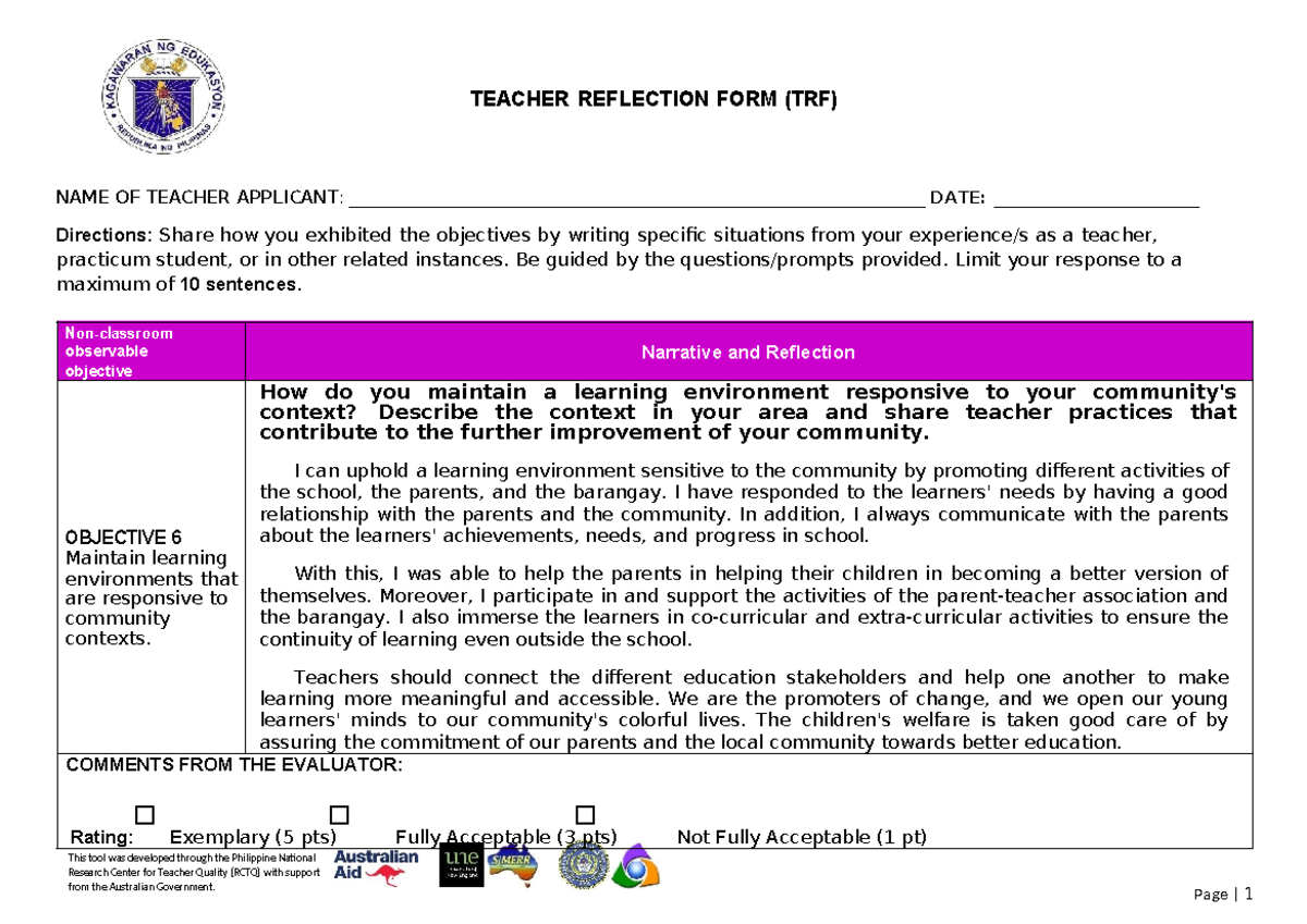 Teacher's Reflection Form TRF III: Enhancing Inclusive Practices - Studocu