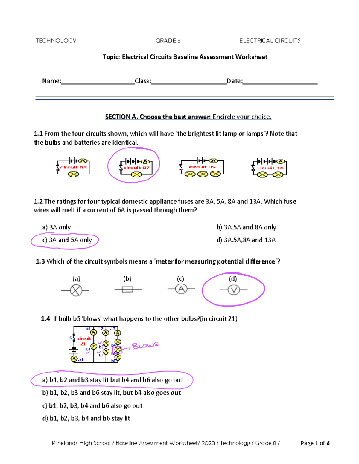 Grade 8 Tech Baseline Assessment: Electrical Circuits Worksheet - Studocu
