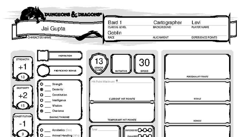 Bard Level 1 Character Sheet - Jai Gupta (ID: idgsGFg) - Studocu