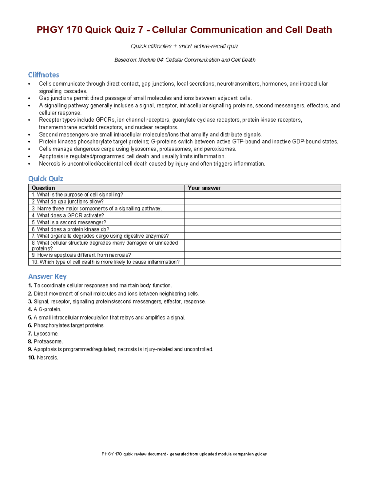 PHGY 170 Quick Quiz 7: Cellular Communication & Cell Death - Studocu