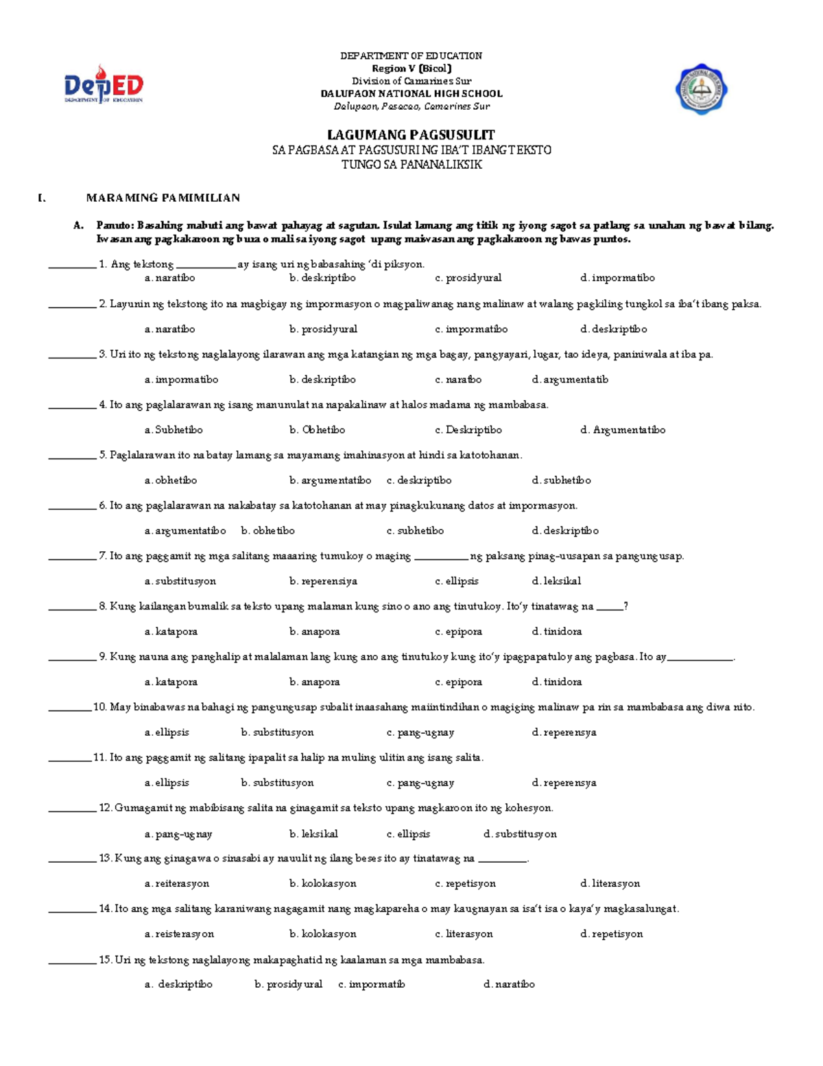 Pagbasa at Pagsusuri ng Iba't Ibang Teksto: Lagumang Pagsusulit - Studocu