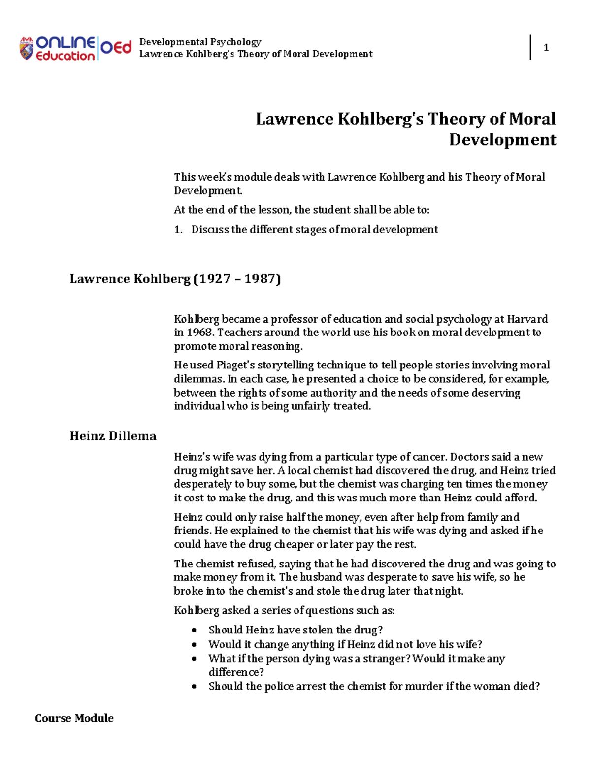 PSYC201 (Lawrence Kohlberg 8) - Lawrence Kohlberg's Theory of Moral ...