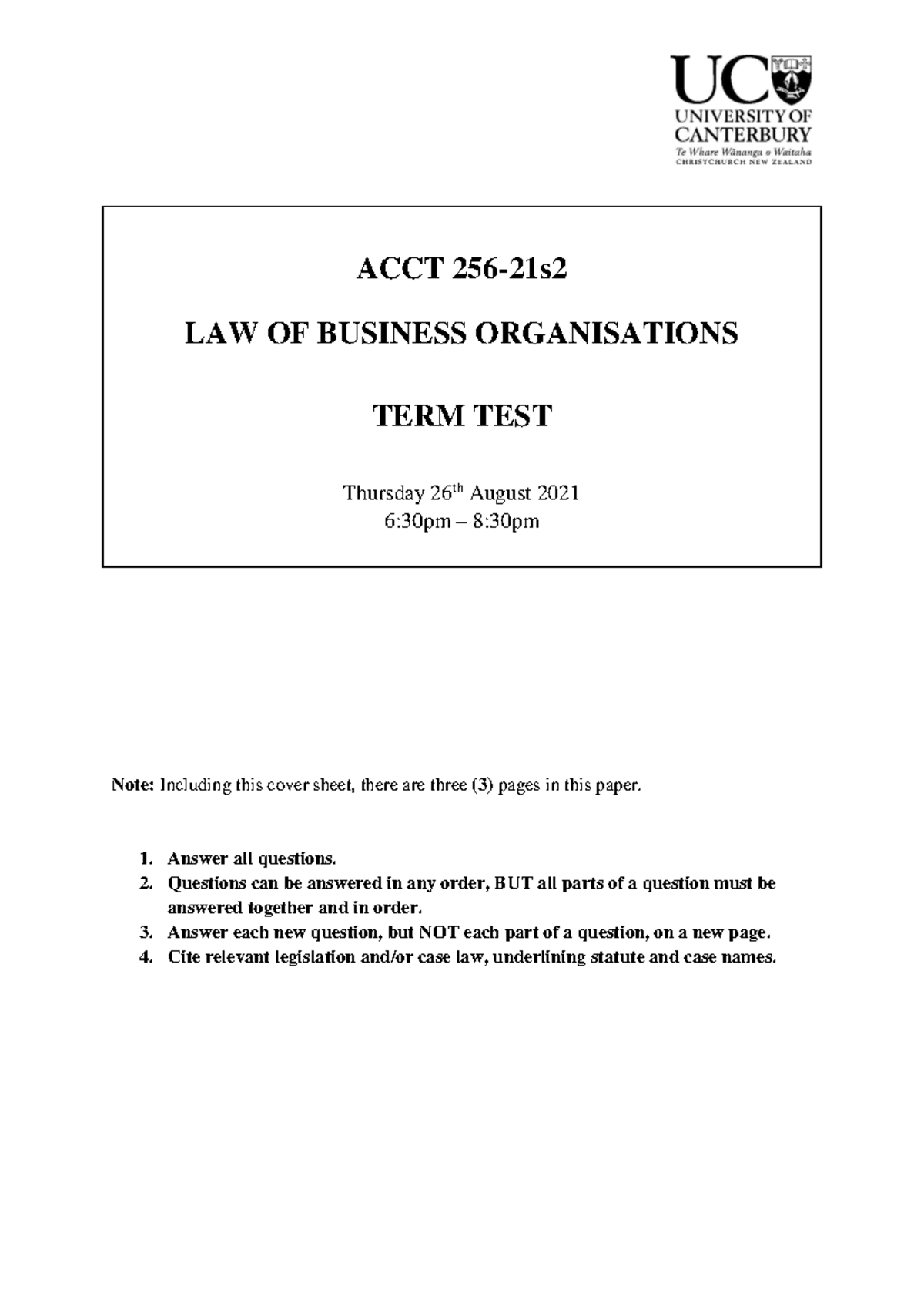 ACCT256 Term Test 2021 - term test - ACCT 256-21s LAW OF BUSINESS ...