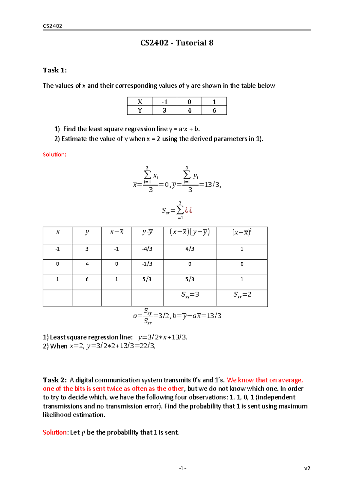 CS2402 Tutorial 8: Regression Analysis & MLE Estimation - Studocu