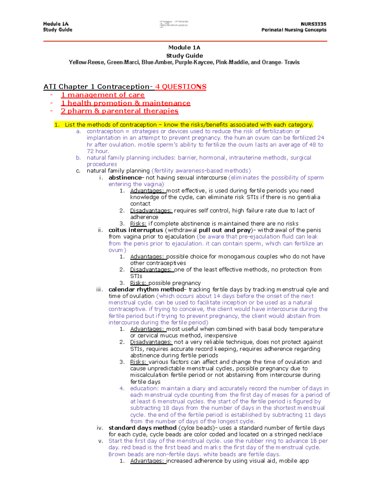 Perinatal Module A Exam Study Guide 2023-2 - Module 1A Study Guide ...