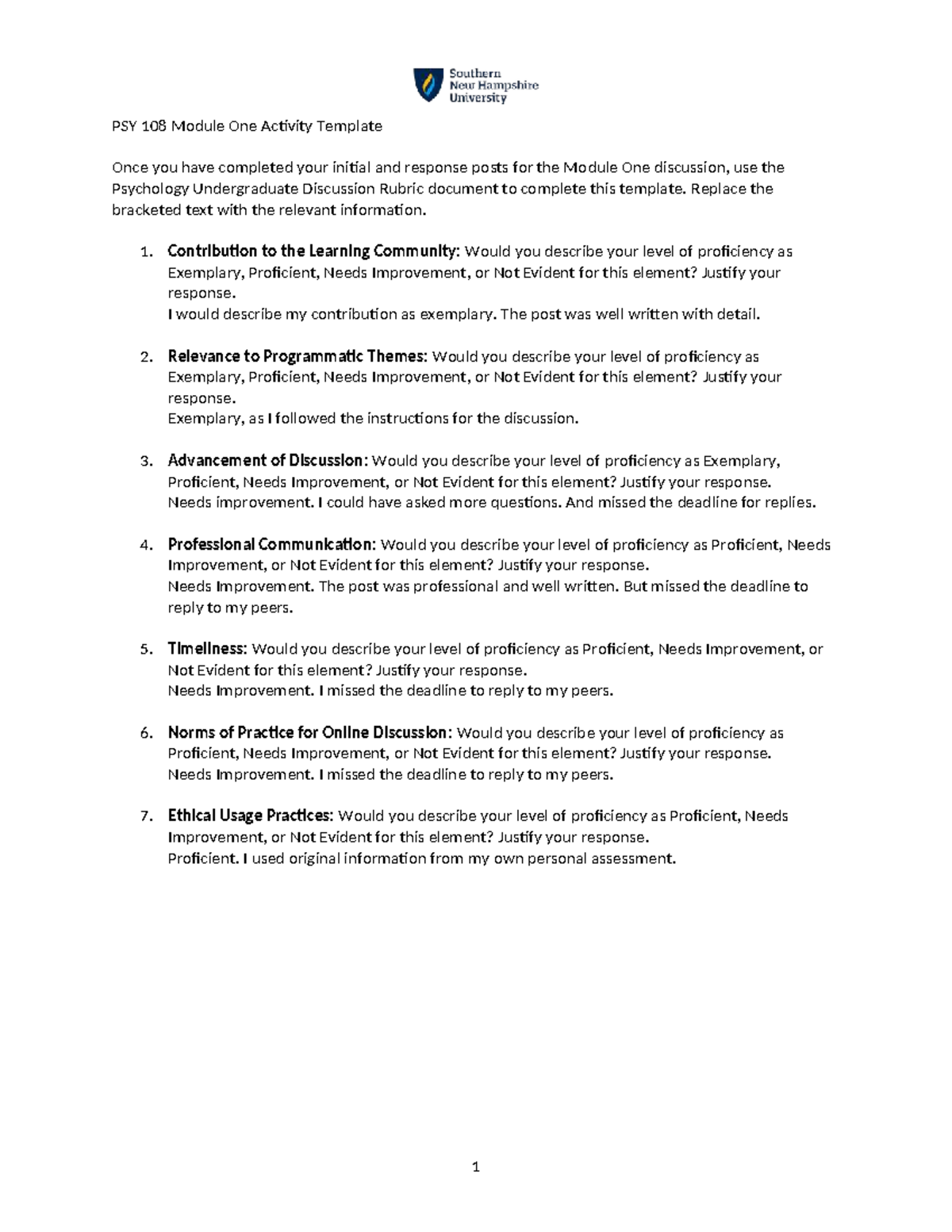 PSY 108 Module One Activity Tori - Replace the bracketed text with the ...