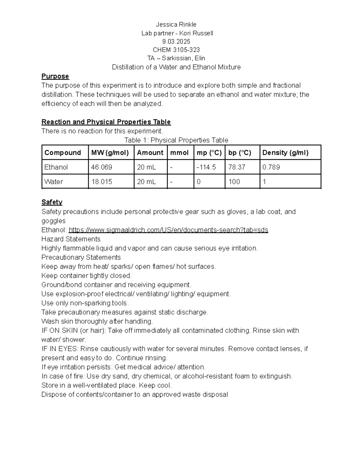 Distillation Lab Report - CHEM 101 - Jessica Rinkle & Kori Russell ...