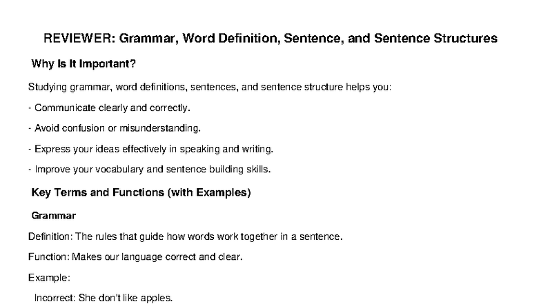 Grammar Reviewer: Key Terms & Sentence Structures Explained - Studocu