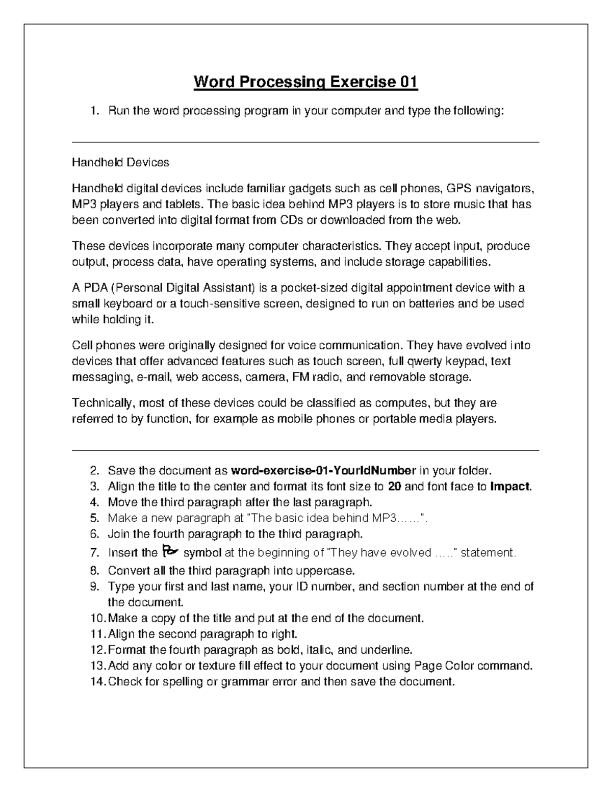 Word Processing Exercise 01: Formatting & Editing Tasks - Studocu