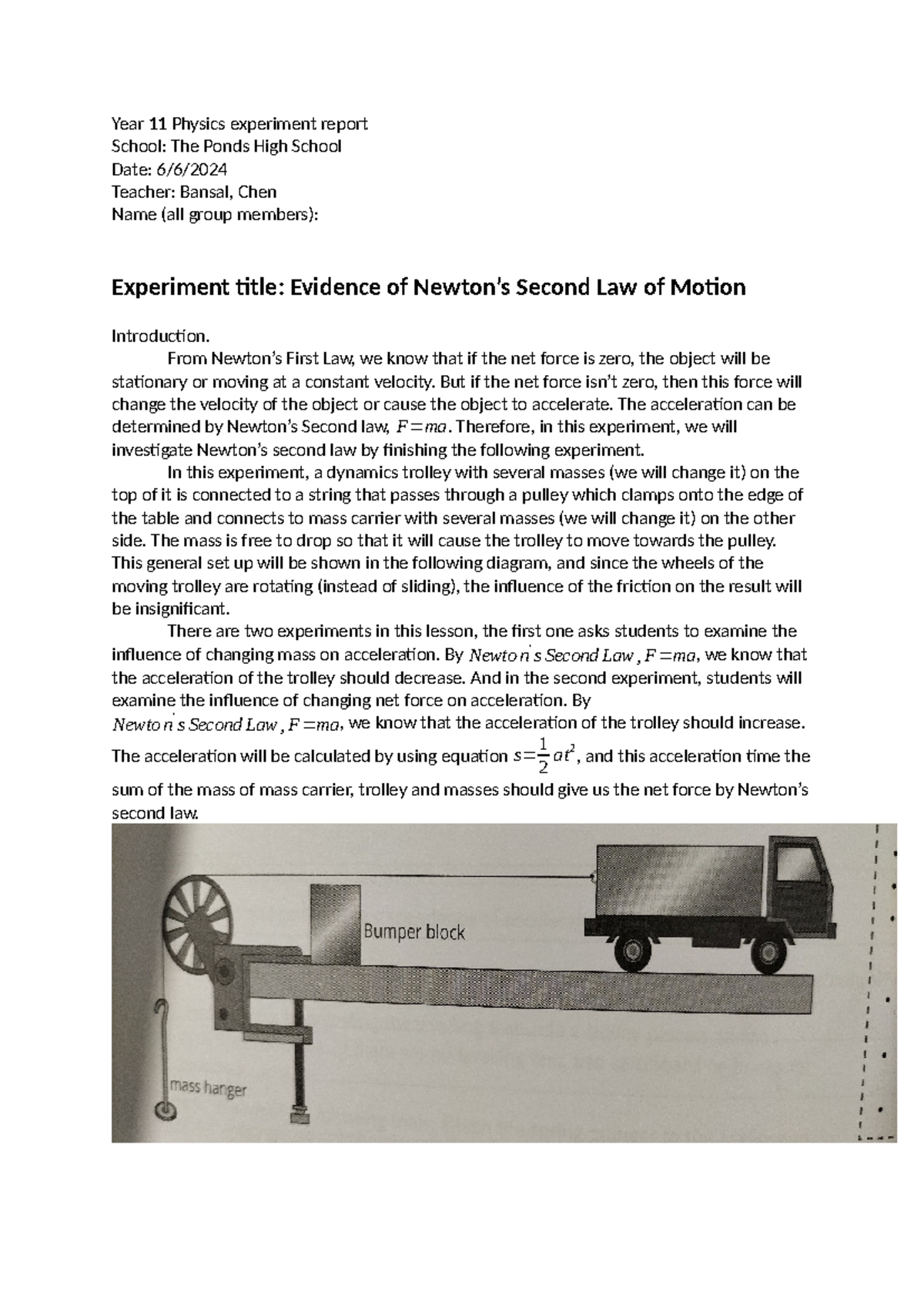 Year 11 Physics - Evidence of Newton's 2nd Law Prac Report - Studocu