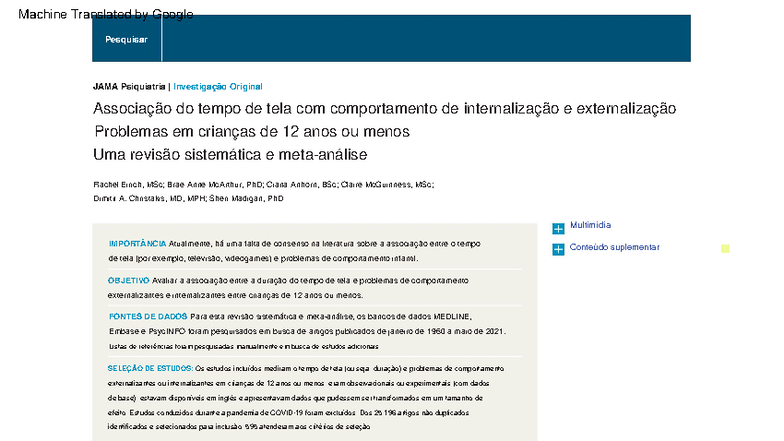 Tempo de Tela e Comportamento em Crianças: Revisão de Estudos (JAMA ...