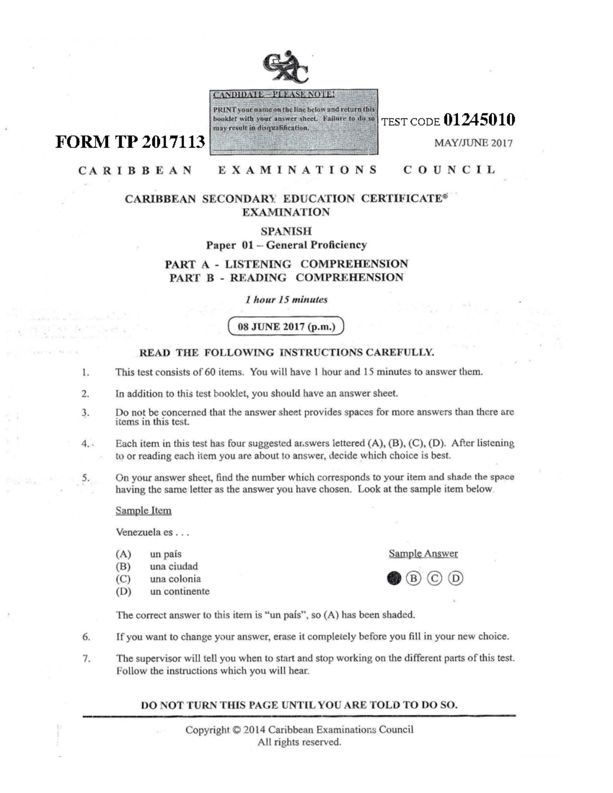 CSEC Spanish Paper 1 Past Exam - June 2017 - Studocu