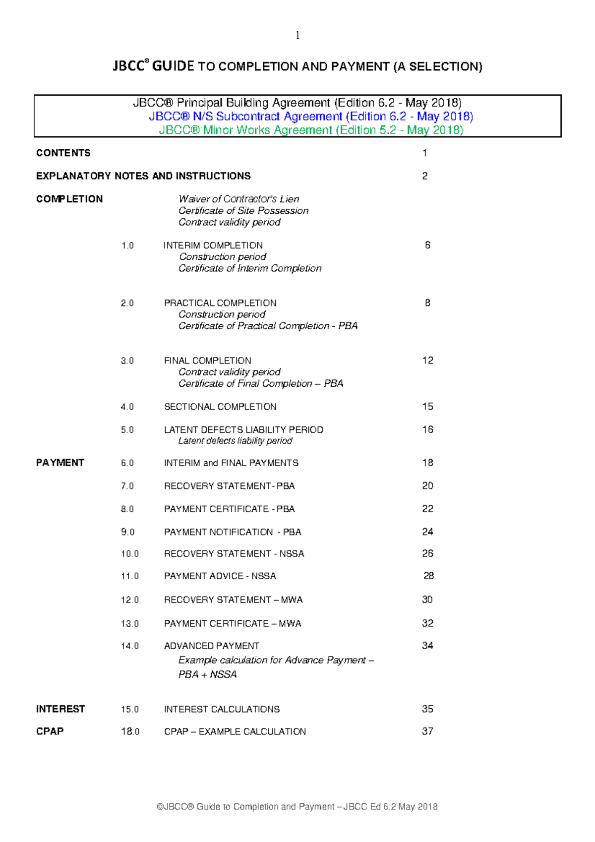 JBCC Guide to Completion and Payment: Ed 6.2 (May 2018) Overview - Studocu