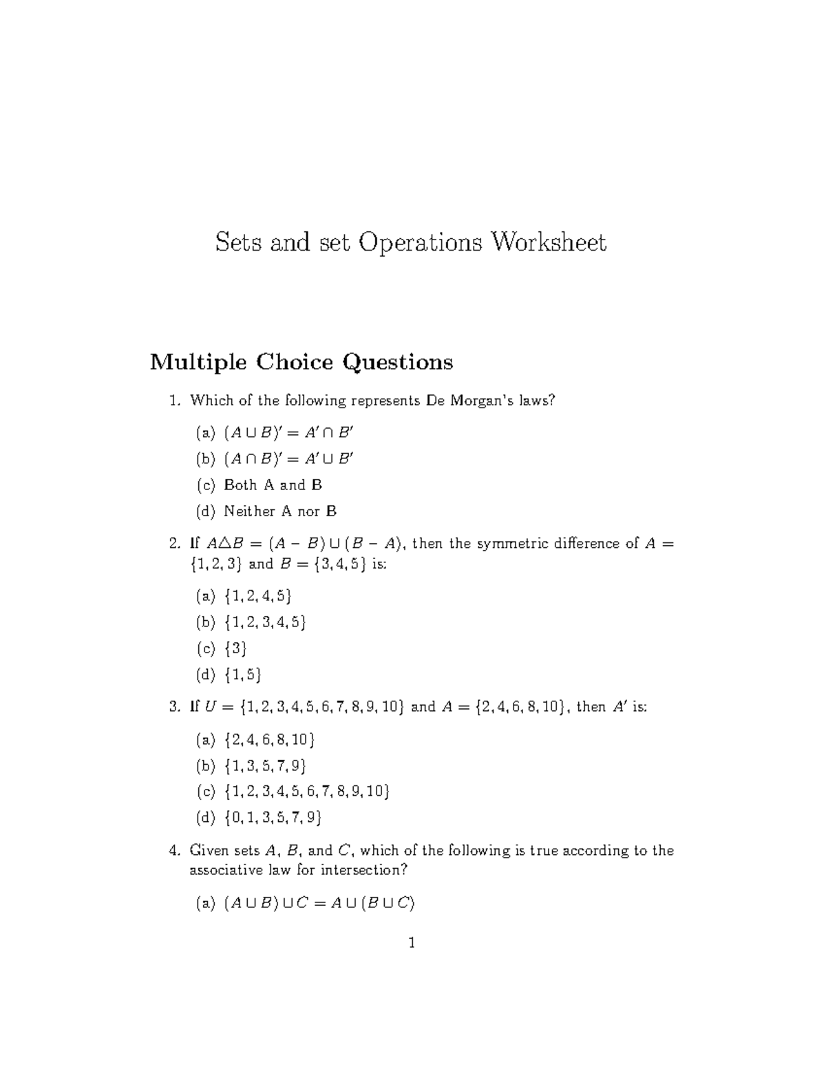 Set and set operations worksheet - Sets and set Operations Worksheet ...