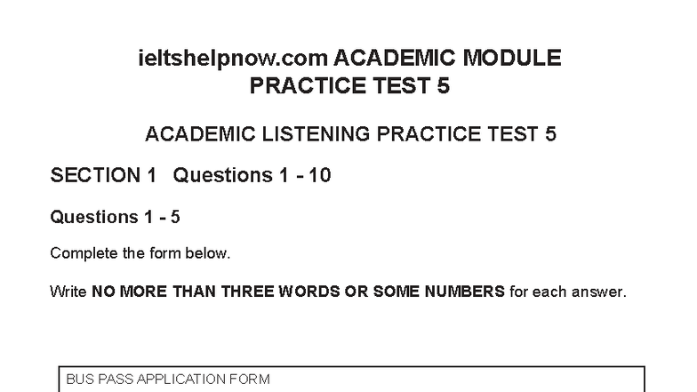 IELTS Academic Module Practice Test 5: Listening & Reading - Studocu