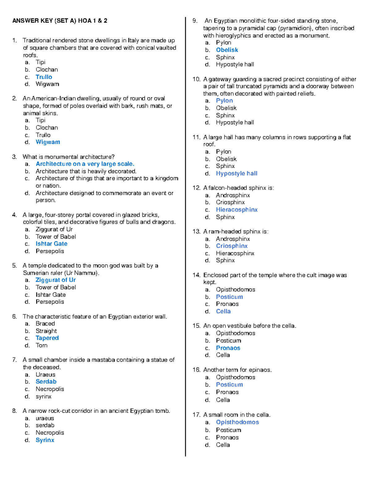 HOA 1 Final Exam Answer Key (Set A) - Architecture Concepts - Studocu