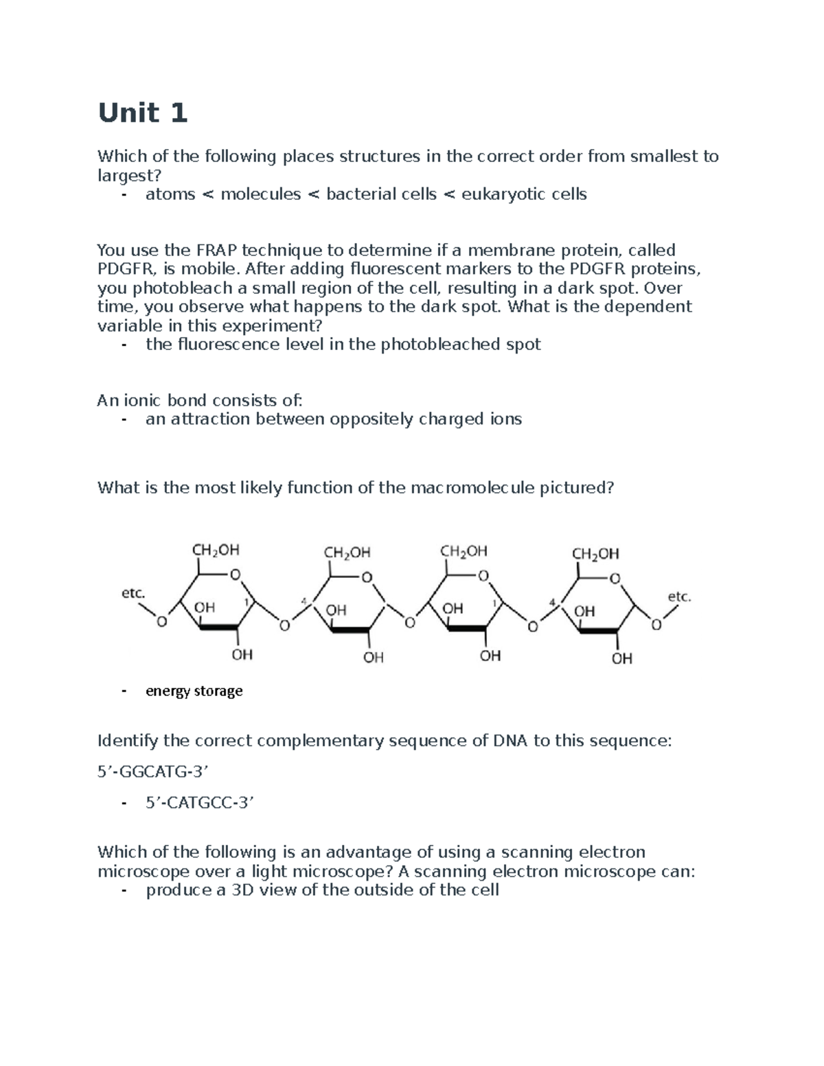 LIFE 120 final study guide - Unit 1 Which of the following places ...