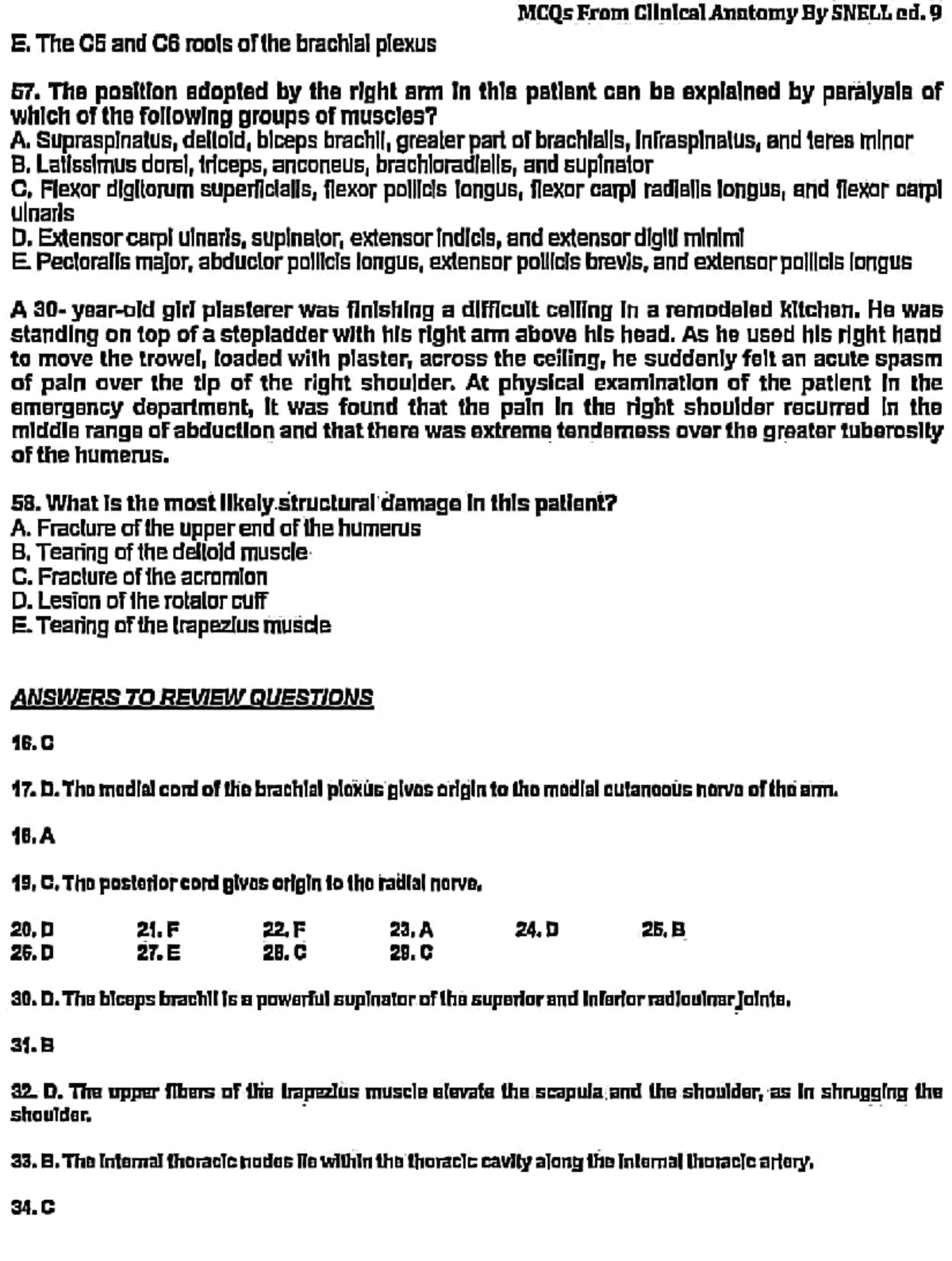 Nursing 399 QUIz 25 - Uchc - MCQs From Clinical Anatomy SNELL ed. 9 E ...