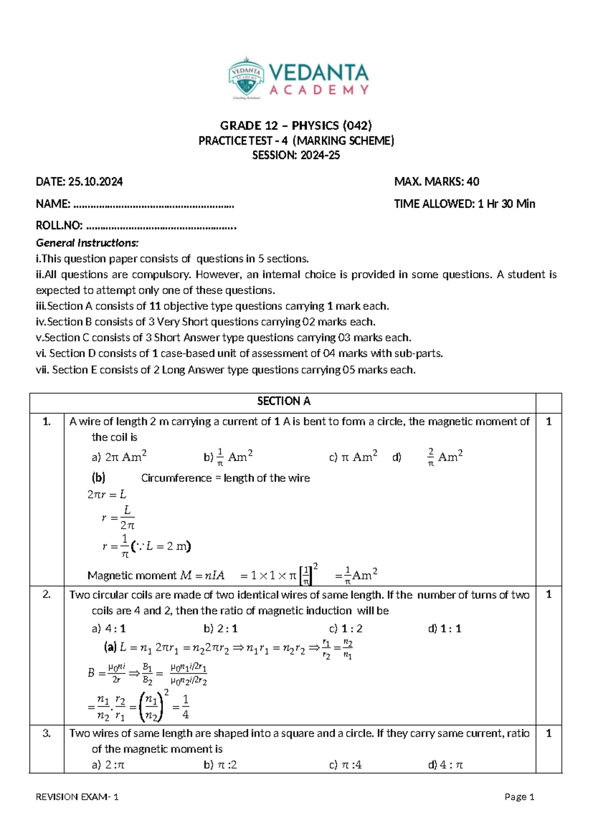 Grade 12 Physics (042) Practice Test 4 Marking Scheme - Studocu