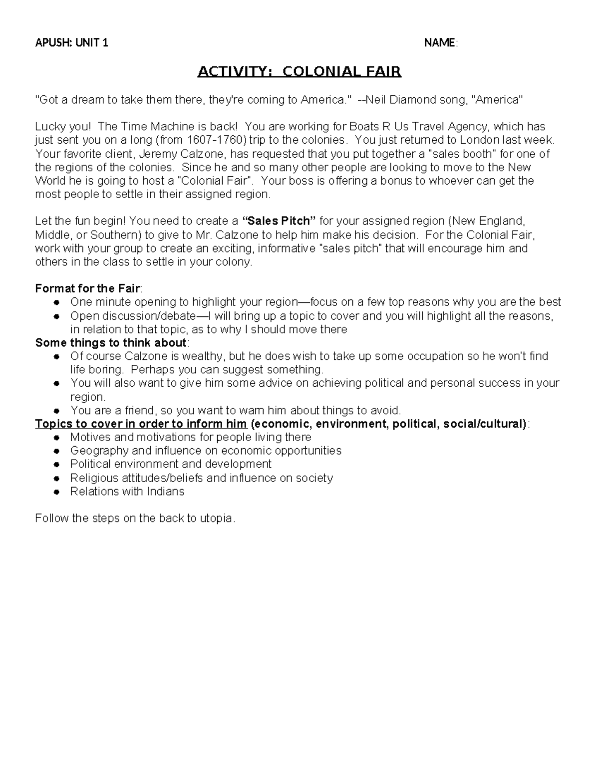 APUSH: UNIT 1 COLONIAL FAIR PROJECT OUTLINE AND GUIDELINES - Studocu