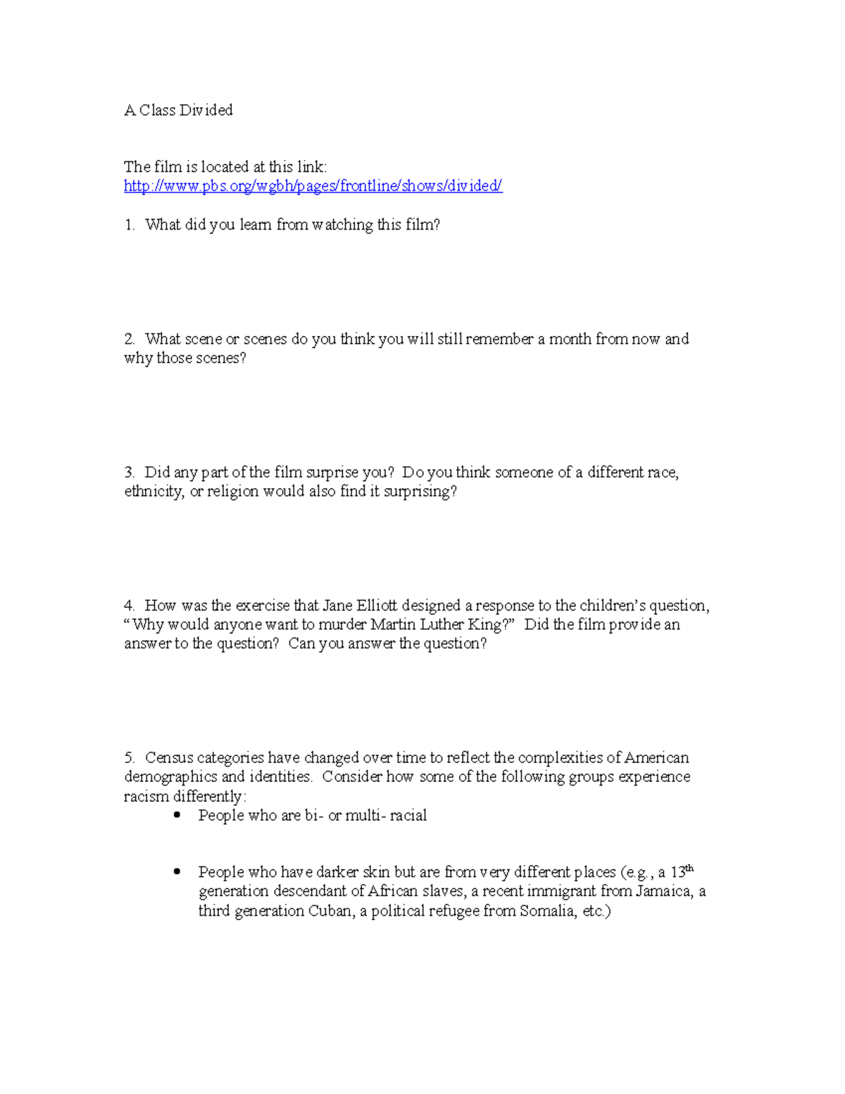 A Class Divided: Reflection Questions and Discussion Points - Studocu