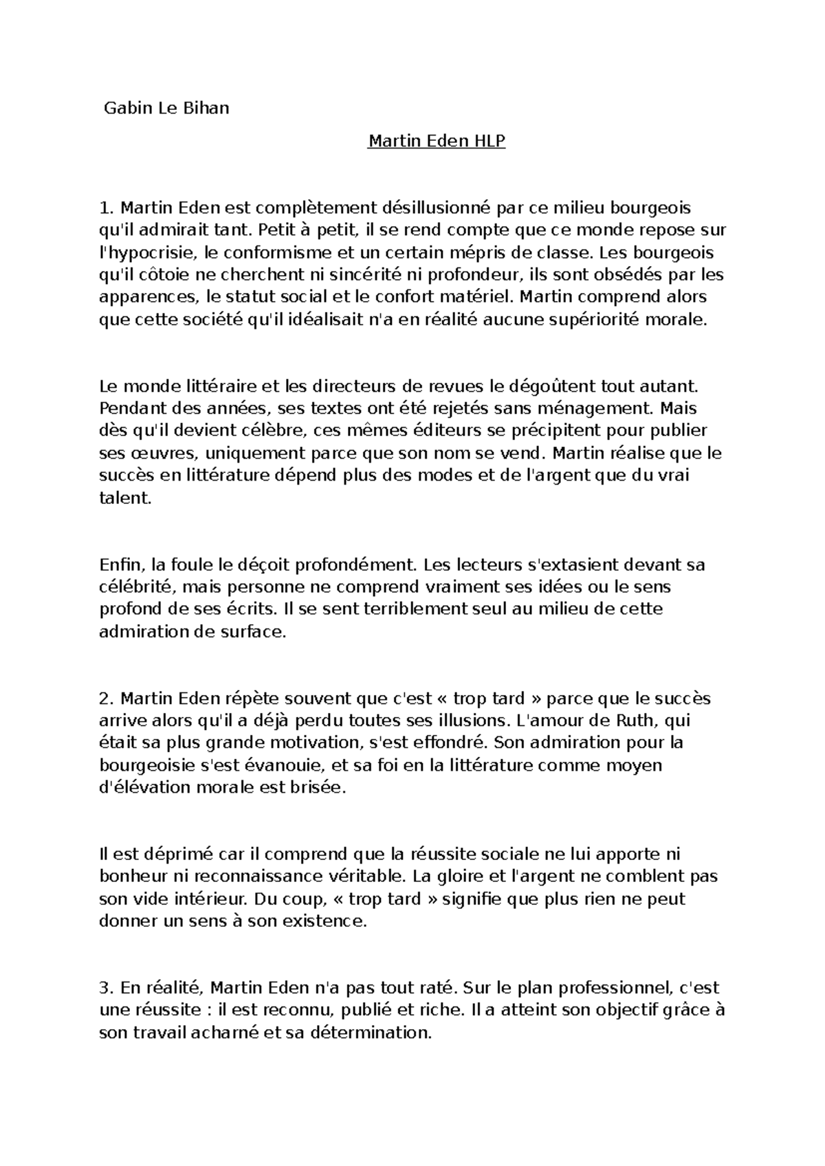 Analyse de Martin Eden par Gabin Le Bihan HLP 1 - Studocu