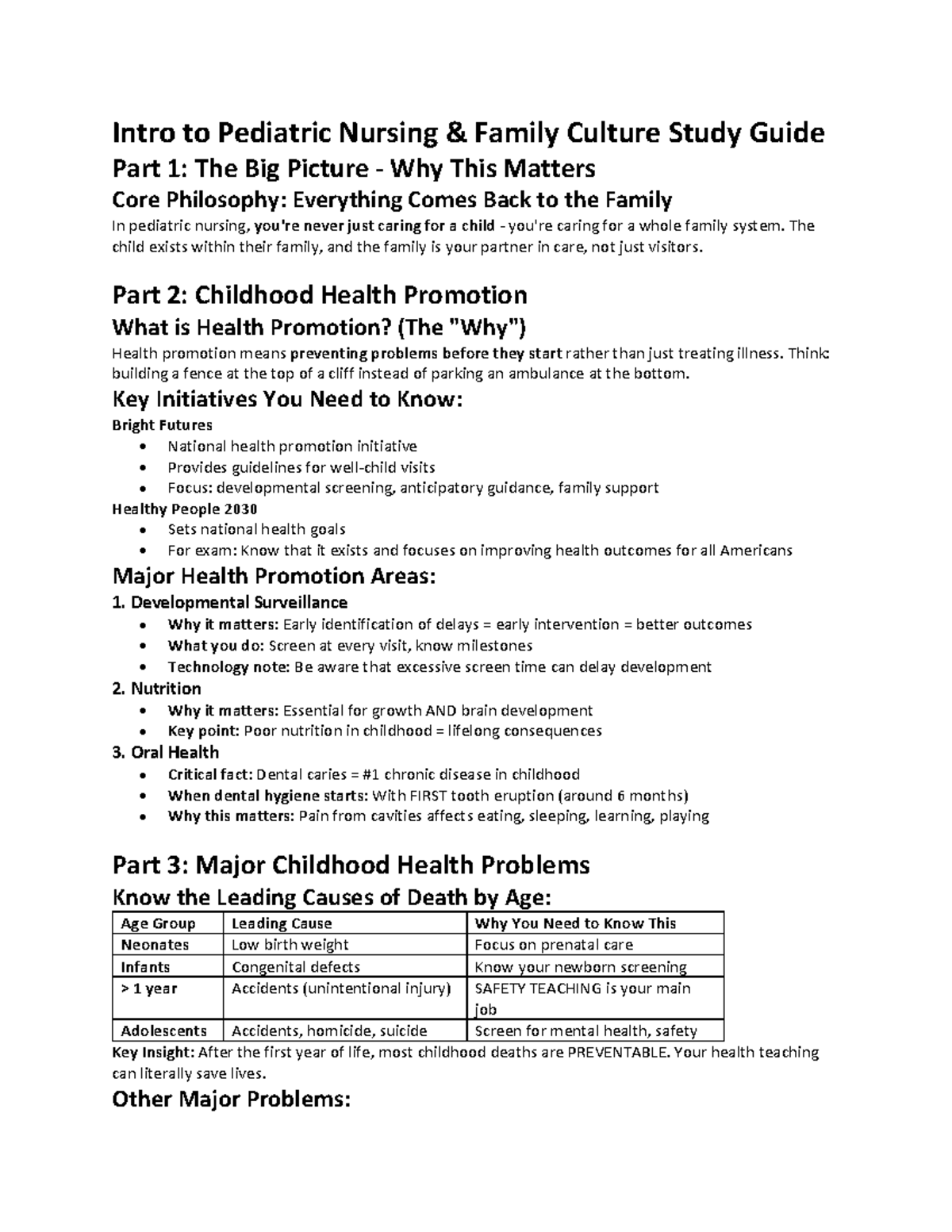 Pediatric Nursing (NUR 101) Family Culture Study Guide: Key Concepts ...