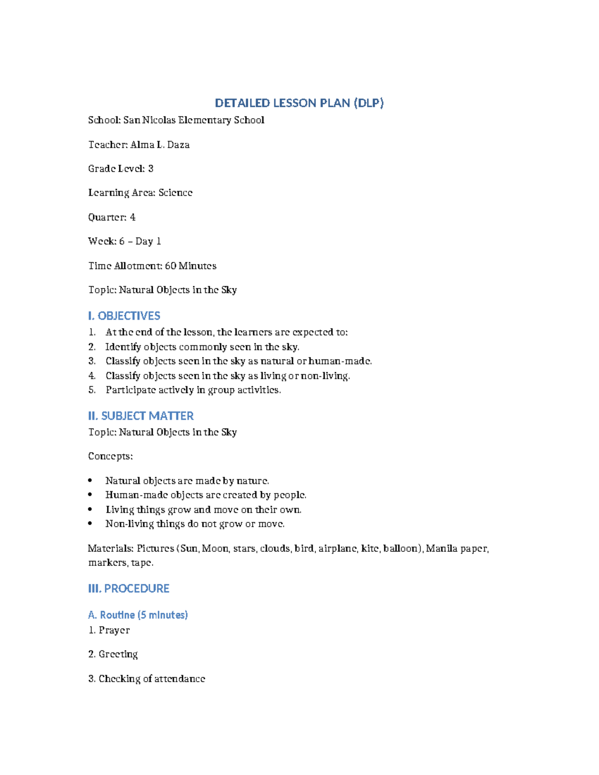 Grade 3 Science DLP: Natural Objects in the Sky - Day 1 - Studocu