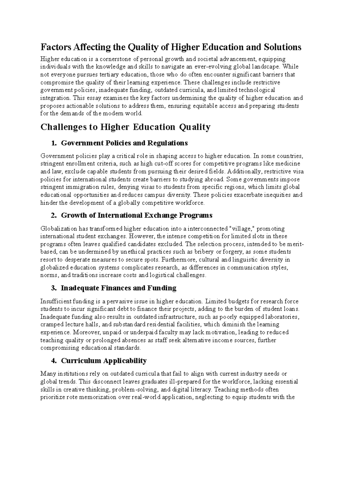 Essay Paper - Factors Affecting Higher Education Quality and Solutions ...