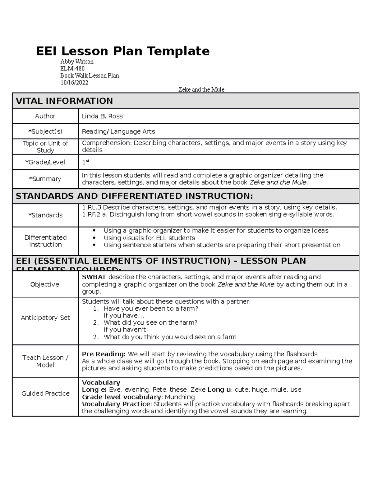 ELM-480 Topic 3 Assignment: Book Walk Lesson Plan for 1st Grade - Studocu